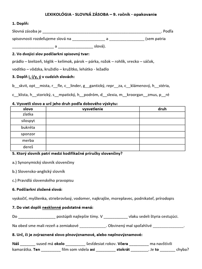 SJL Slovna Zasoba Lexikologia - 9. Rocnik | PDF