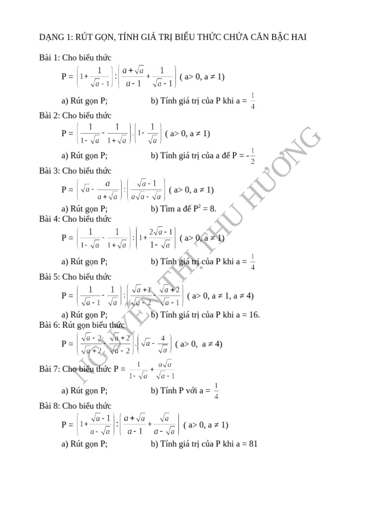 Bai Tap Rut Gon Bieu Thuc Co Chua Can Thuc On Thi Vao 10 | PDF