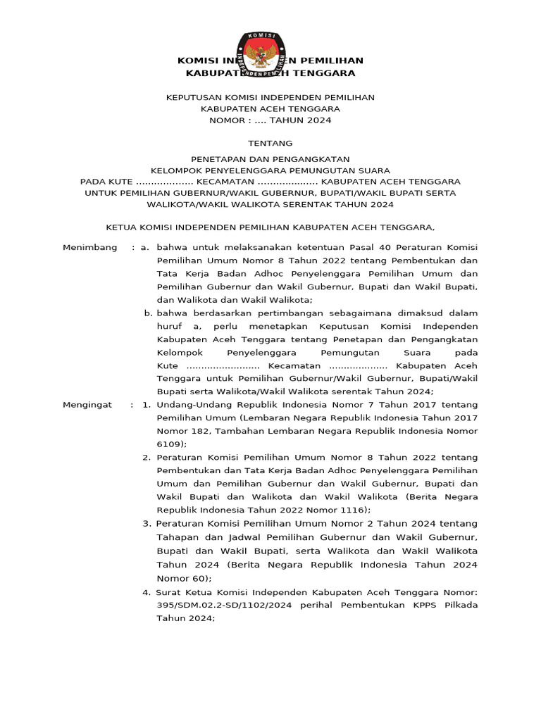 Contoh Form SK Penetapan Kpps - Pilkada - 2024 | PDF