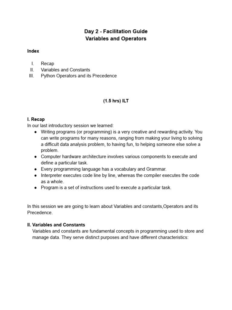 Day2-Faciltation Guide (Variables and Operators) | PDF | Variable (Computer Science) | Data Type
