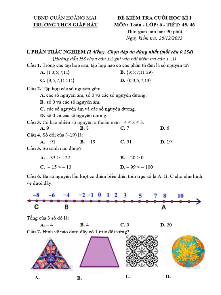 De Cuoi Hoc Ki 1 Toan 6 Nam 2023 2024 Truong Thcs Giap Bat Ha Noi | PDF