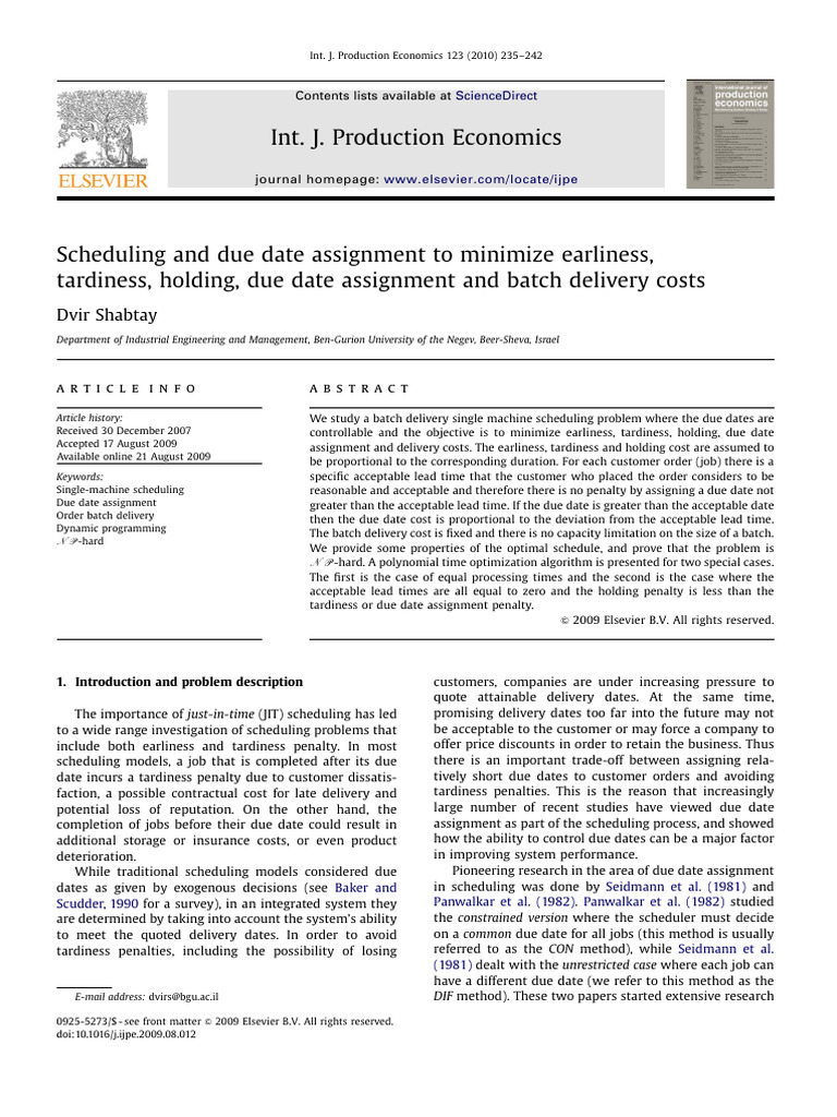 Shabtay - 2010 - Scheduling and Due Date Assignment To Minimize Ear | PDF | Dynamic Programming ...