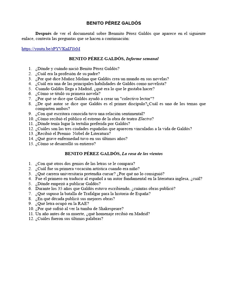 Preguntas Documental Benito Pérez Galdós Enlace | PDF