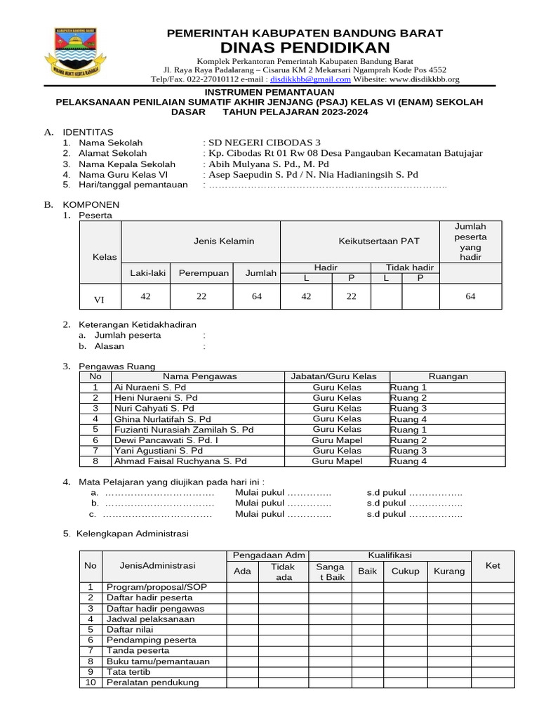 Lembar Monitoring Psaj Kelas Vi Tp. 2023-2024 | PDF