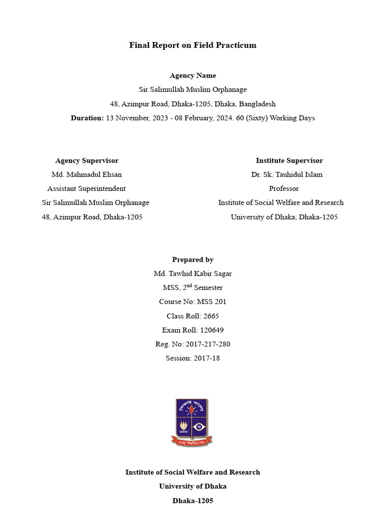 Final Report On Field Practicum Sagar | PDF