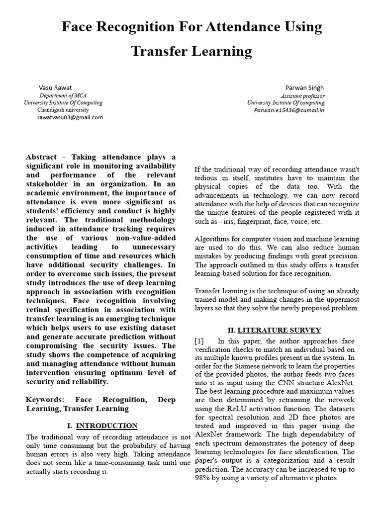 Face Recognition For Attendance Using Transfer Learning | PDF | Artificial Neural Network ...