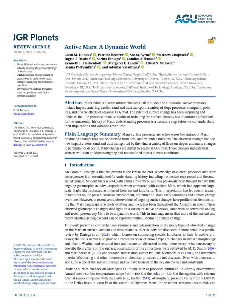 JGR Planets - 2021 - Dundas - Active Mars A Dynamic World | PDF | Mars | Dune