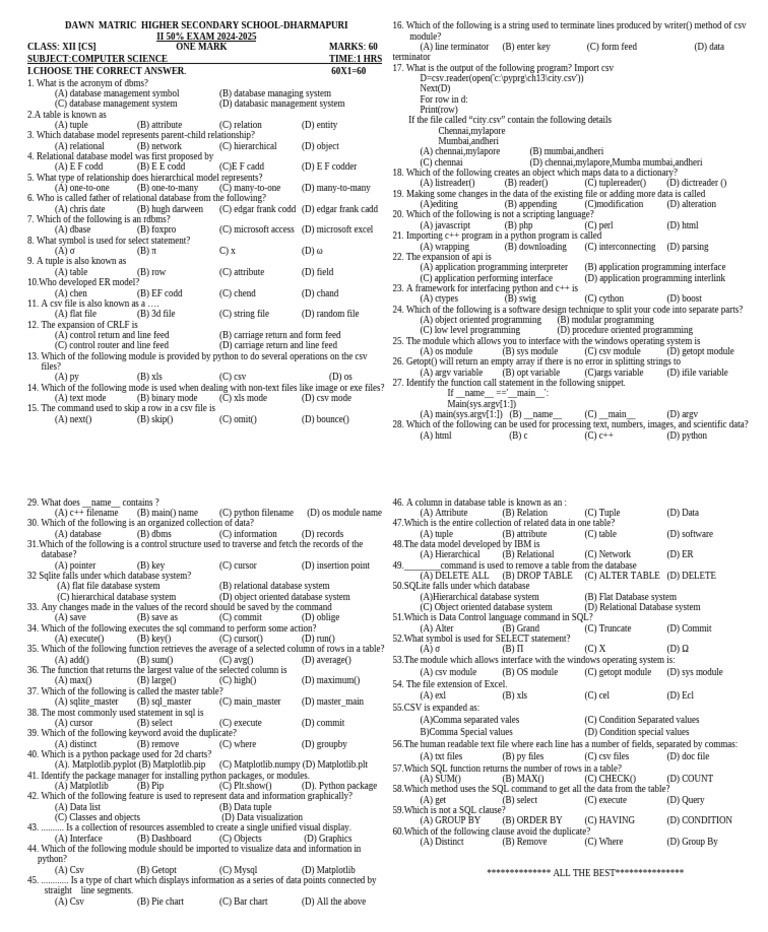 Xii CS Ii 50% CS Ot | PDF | Databases | Relational Database Xii CS Ii 50% CS Ot | PDF | Databases | Relational Database
