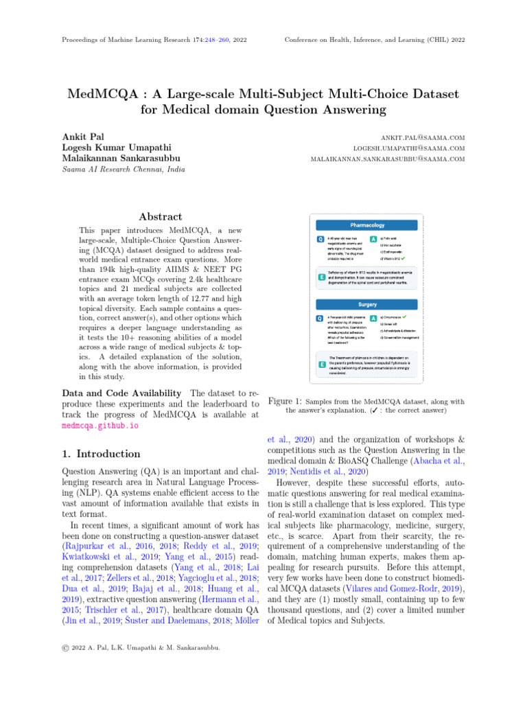 Pal 等 - 2022 - MedMCQA A Large-scale Multi-Subject Multi-Choice Dataset for Medical domain ...