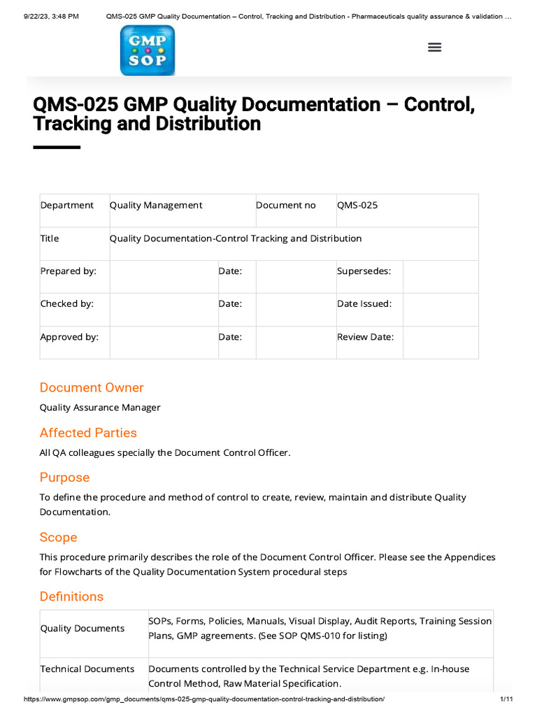 QMS-025 GMP Quality Documentation - Control, Tracking and Distribution ...