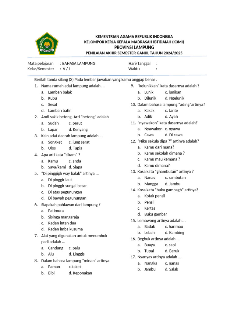 Soal Bahasa Lampung Kelas 5 | PDF