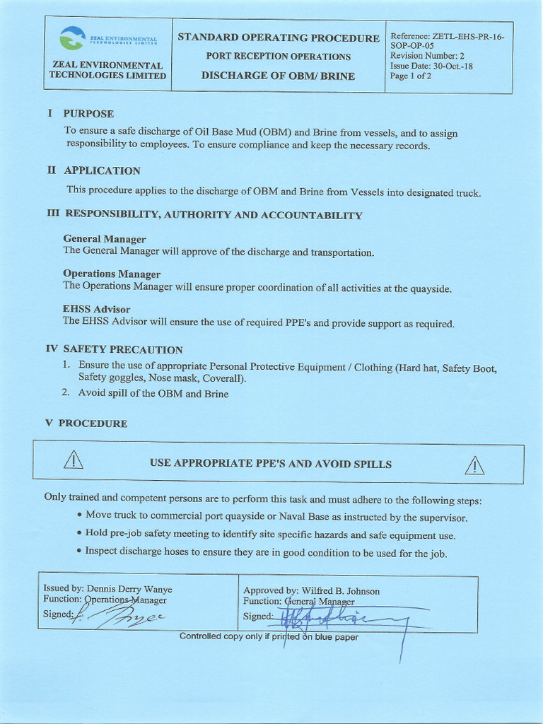 SOP-OP-05 - Discharge of OBM or Brine | PDF