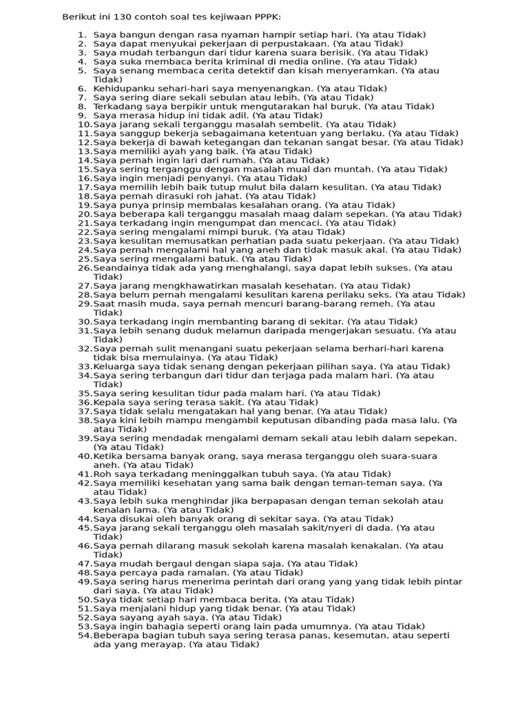 Berikut Ini 130 Contoh Soal Tes Kejiwaan PPPK | PDF