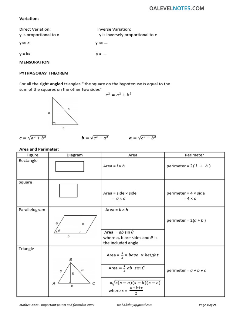 Maths B.. Mensuration Formula Sheet | PDF | Area | Volume