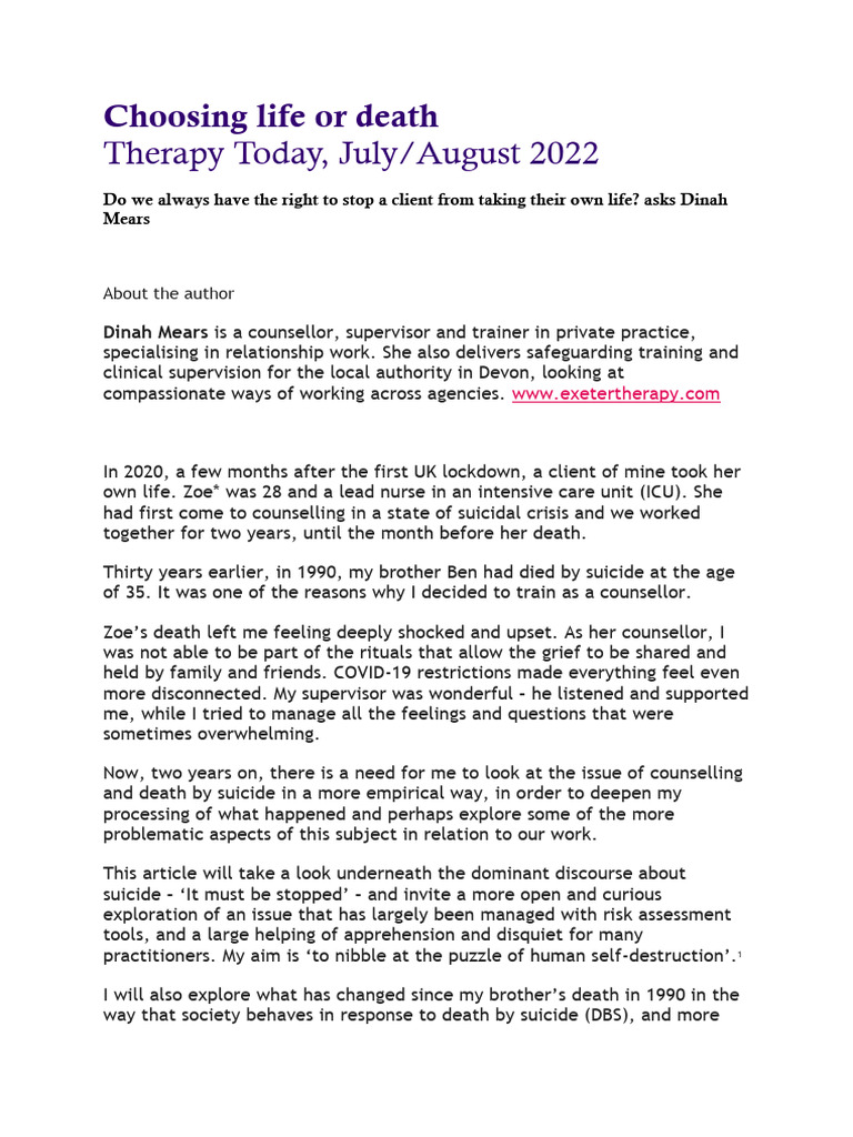 Choosing Life or Death THERAPY TODAY JUL22 | PDF | Orpheus | Hades