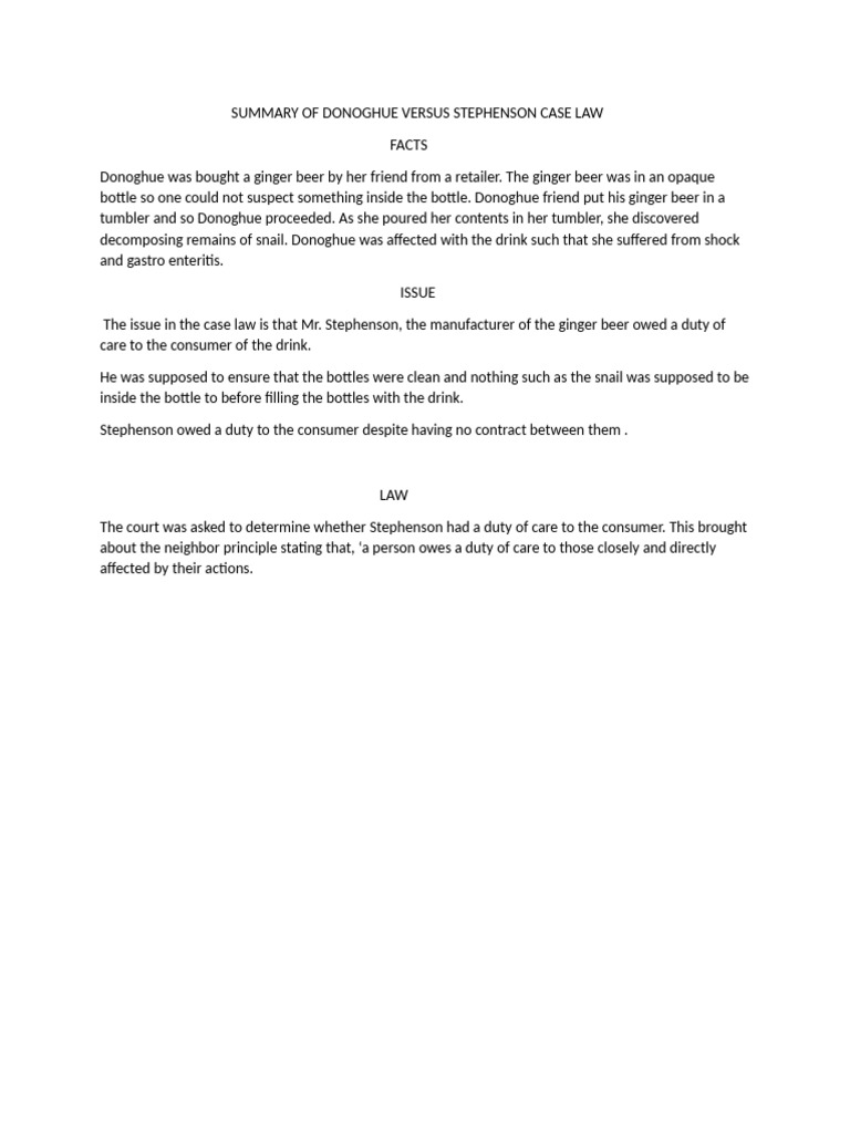 Summary of Donoghue v Stevenson Case | PDF