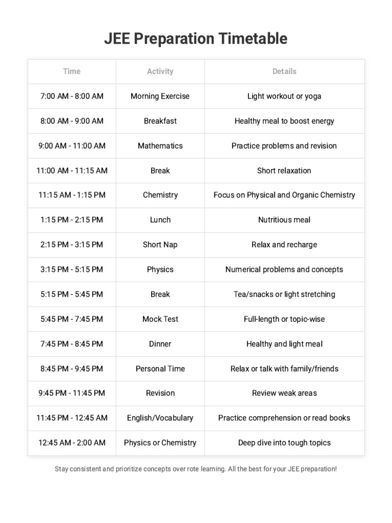 JEE Preparation Timetable | PDF