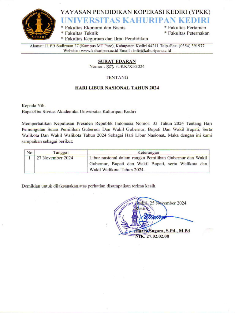 Surat Edaran Libur Nasional Tahun 2024 | PDF