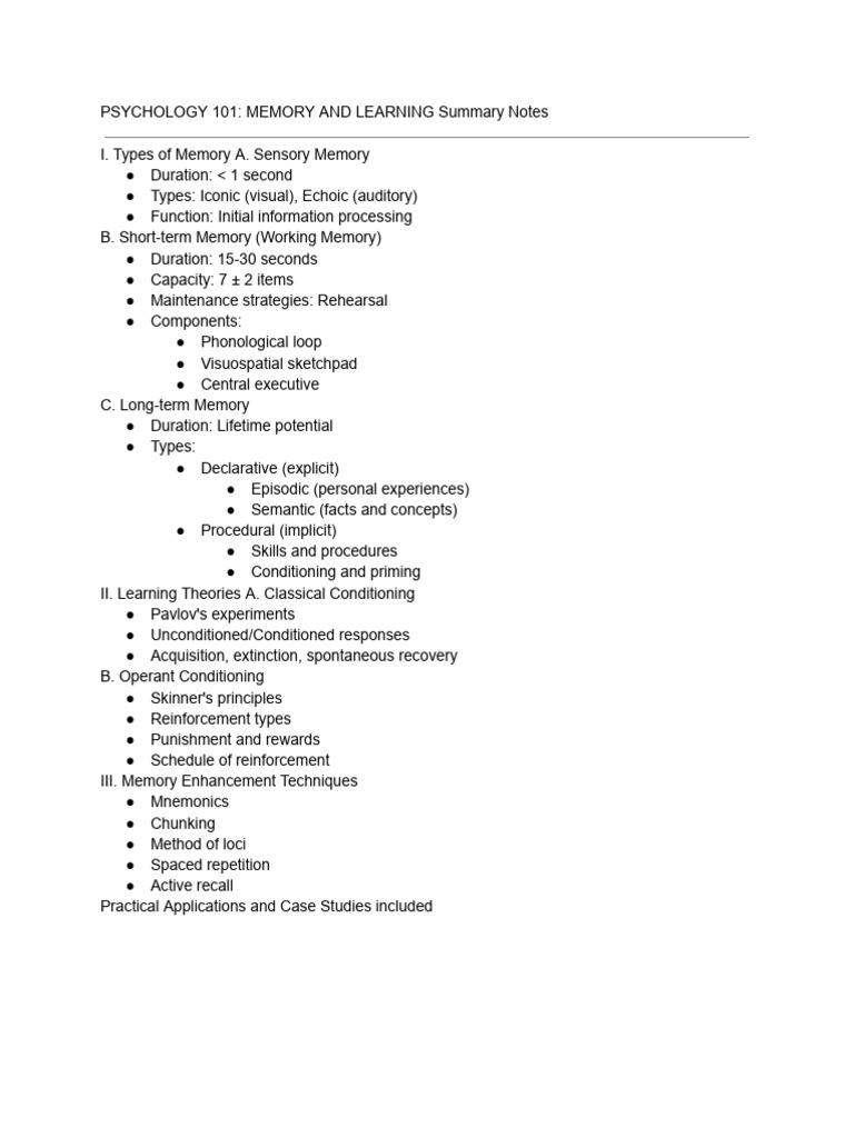 Psychology 101 - Memory and Learning Summary Notes | PDF