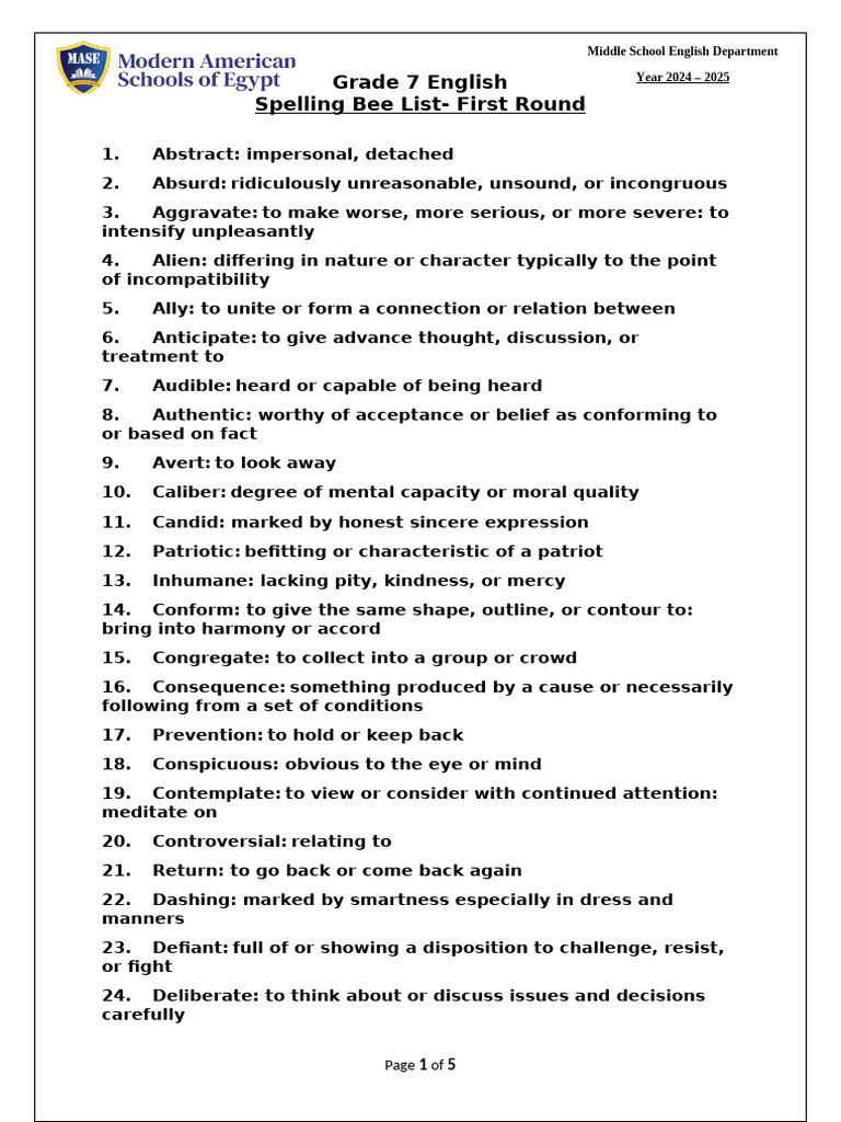 Grade 7 Spelling Bee Word List | PDF