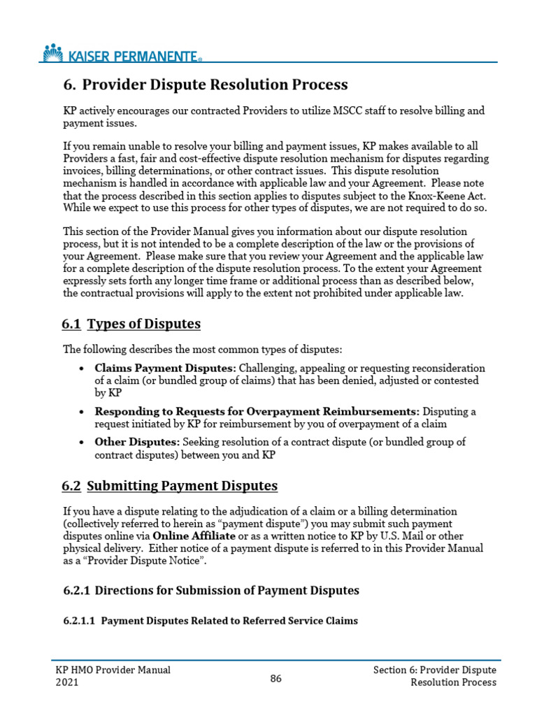 KP Provider Dispute Resolution Guide | PDF | Adjudication | Justice