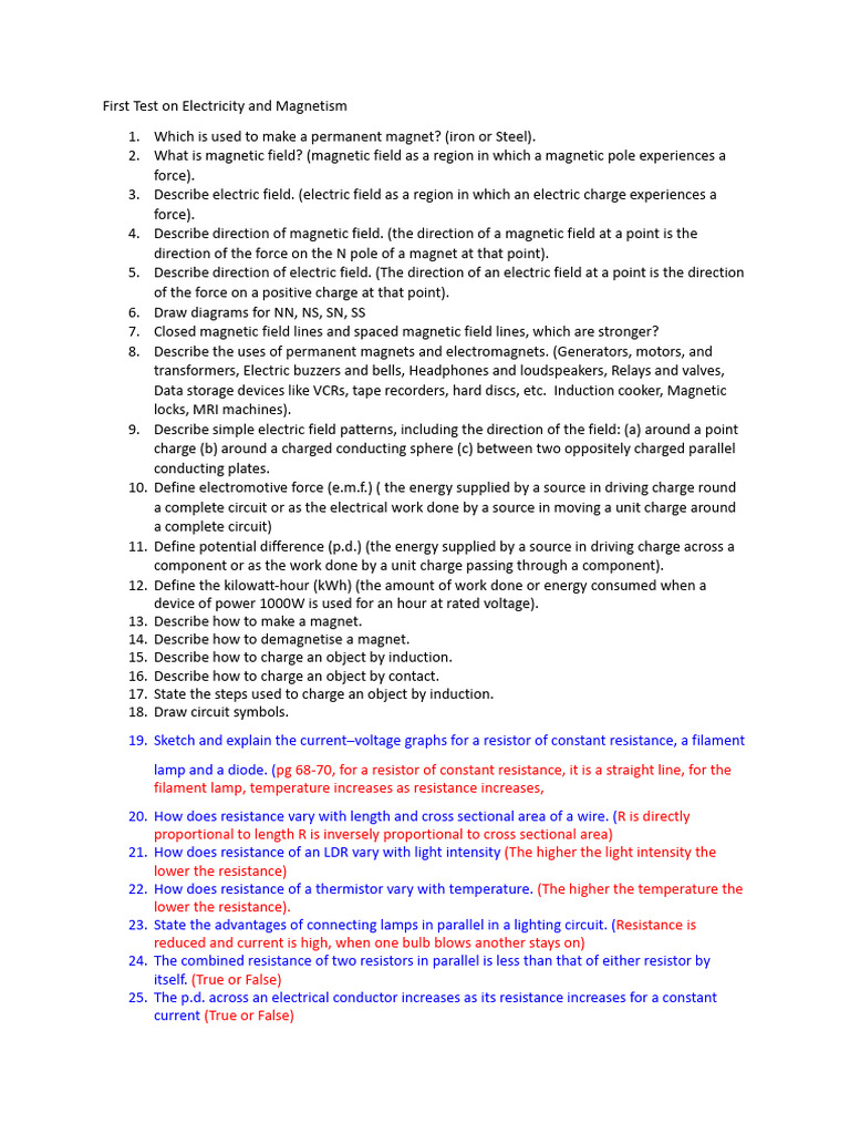 Electricity and Magnetism Concepts Guide | PDF | Electrical Resistance ...
