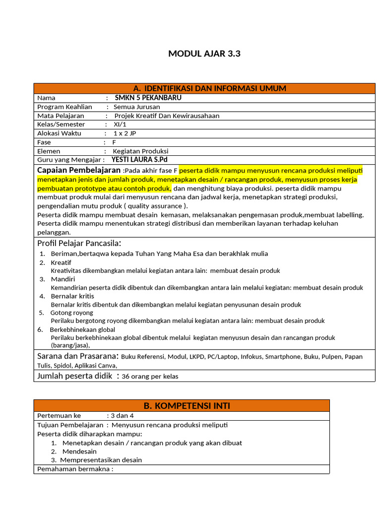 MODUL AJAR PKK Desain Kegiatan Produksi | PDF