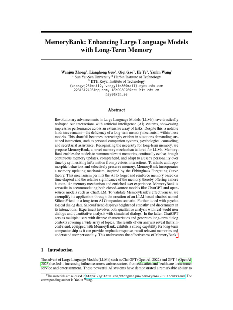 MemoryBank - Enhancing Large Language Models With Long-Term Memory | PDF | Memory | Artificial ...