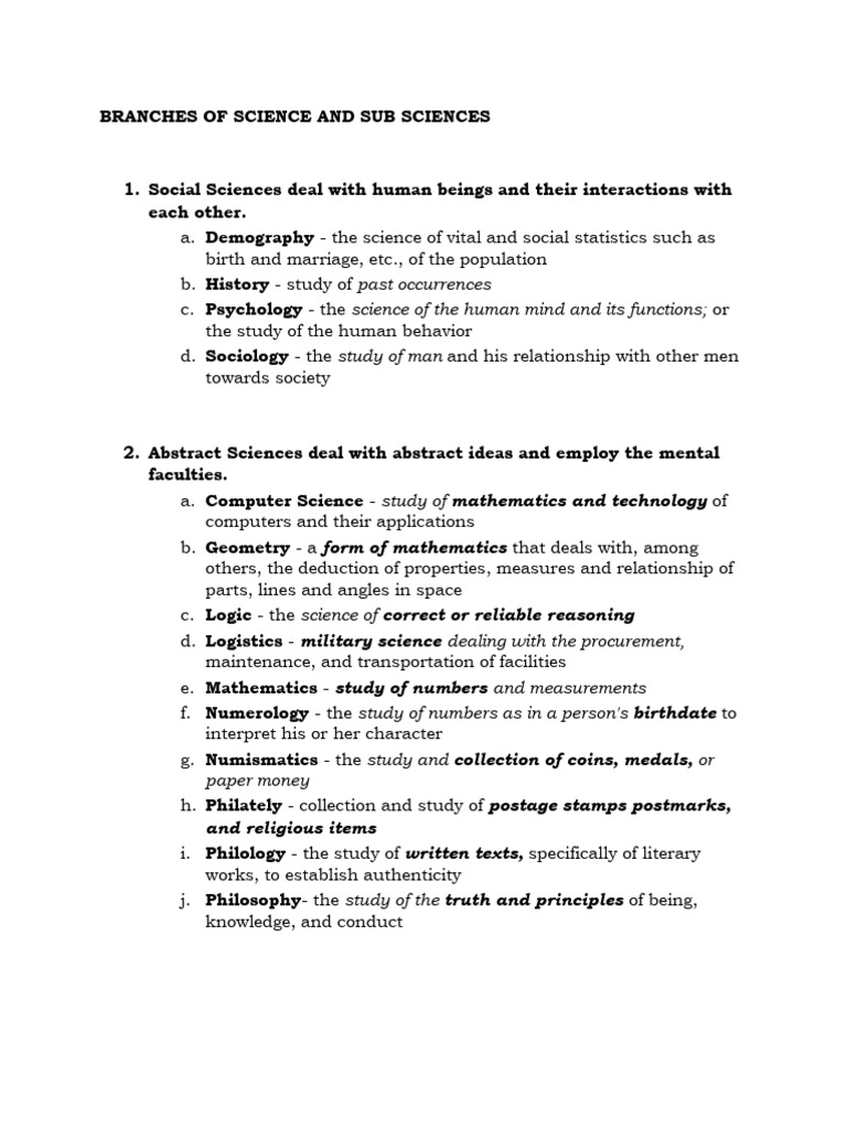 Lesson 4 Branches of Science and Sub Sciences 4 | PDF | Science ...
