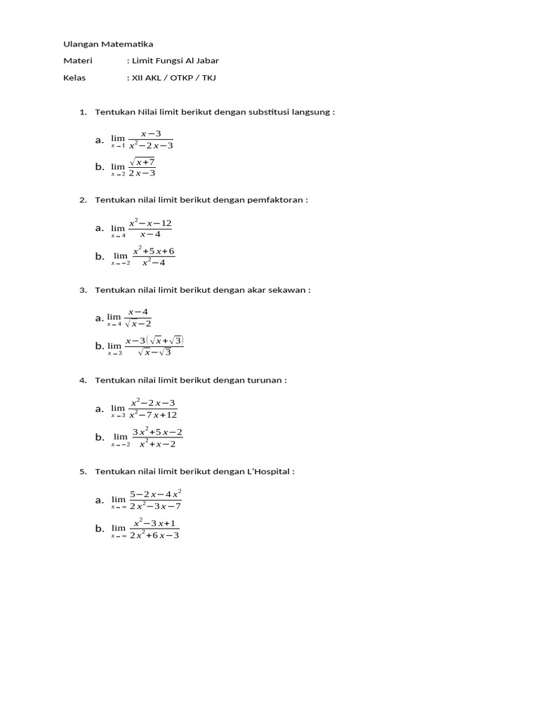 Ulangan Matematika Limit Fungsi Aljabar | PDF