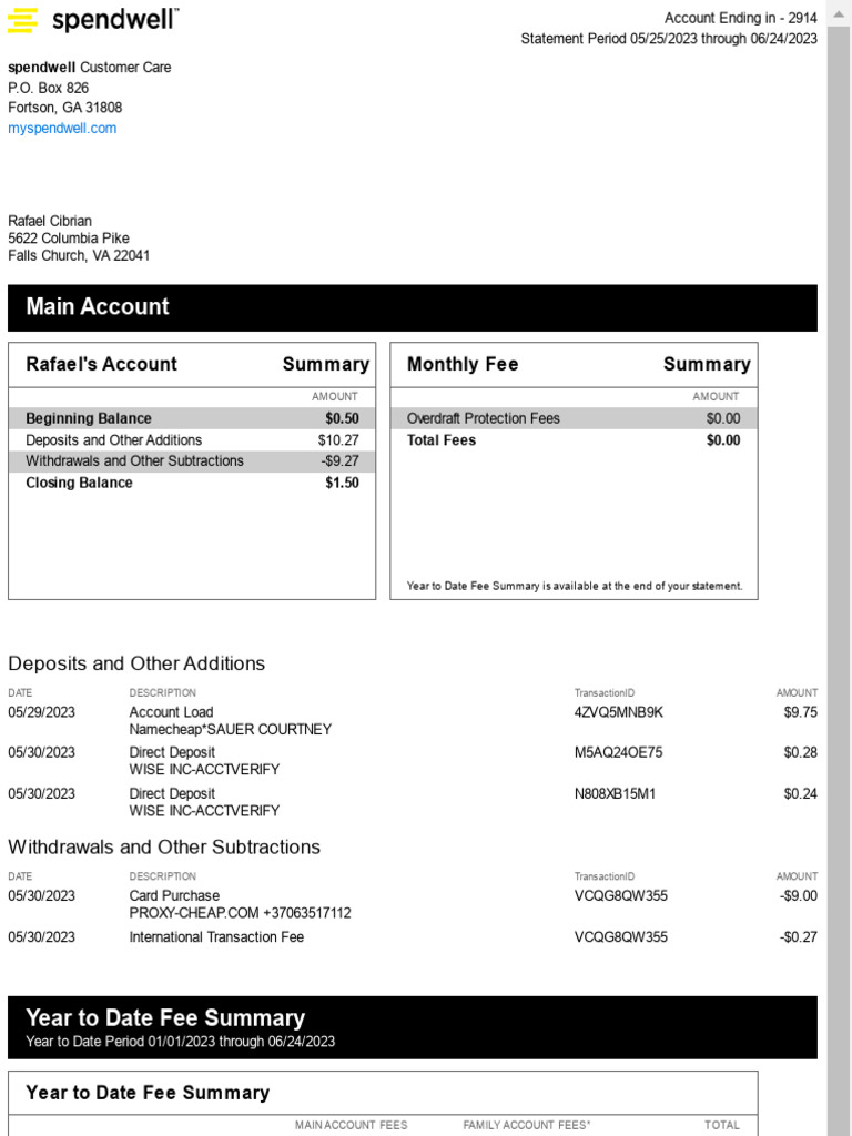 Spendwell Bank Statement | PDF | Fee | Overdraft