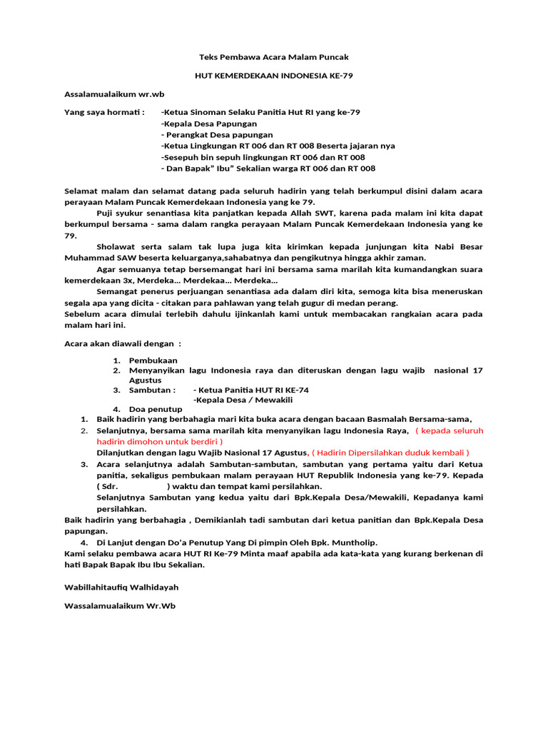 Teks MC Malam Puncak Ke 79 | PDF