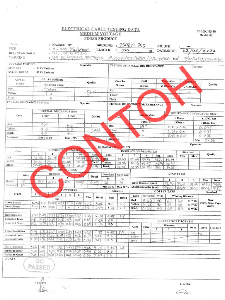Contoh Report Test Kabel (Electrical Cable Testing Data) | PDF
