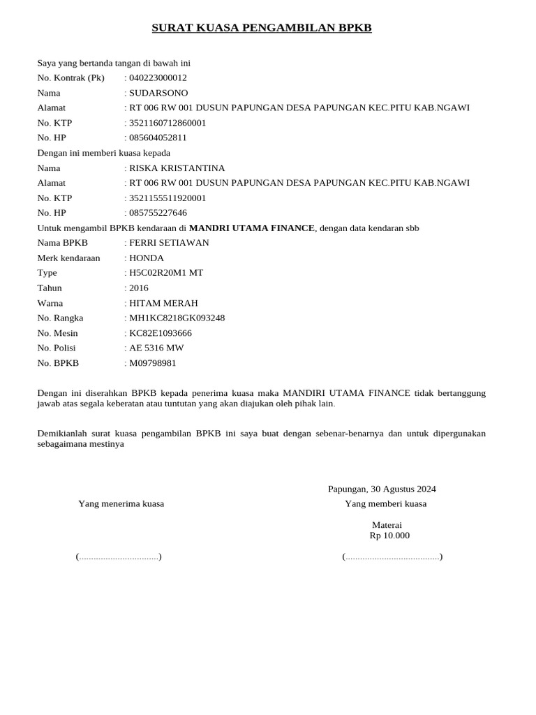Surat Kuasa Ambil BPKB Honda 2016 | PDF