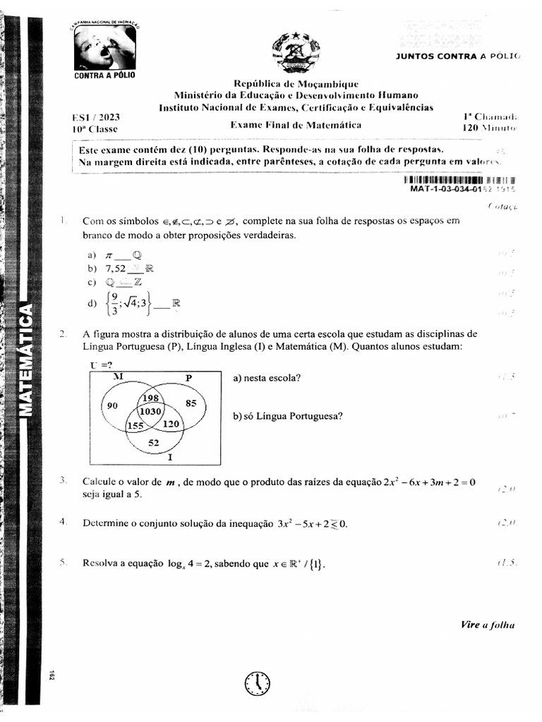 Exames de Matemática 10 Classe-1 Época 2023-20241126164200 | PDF