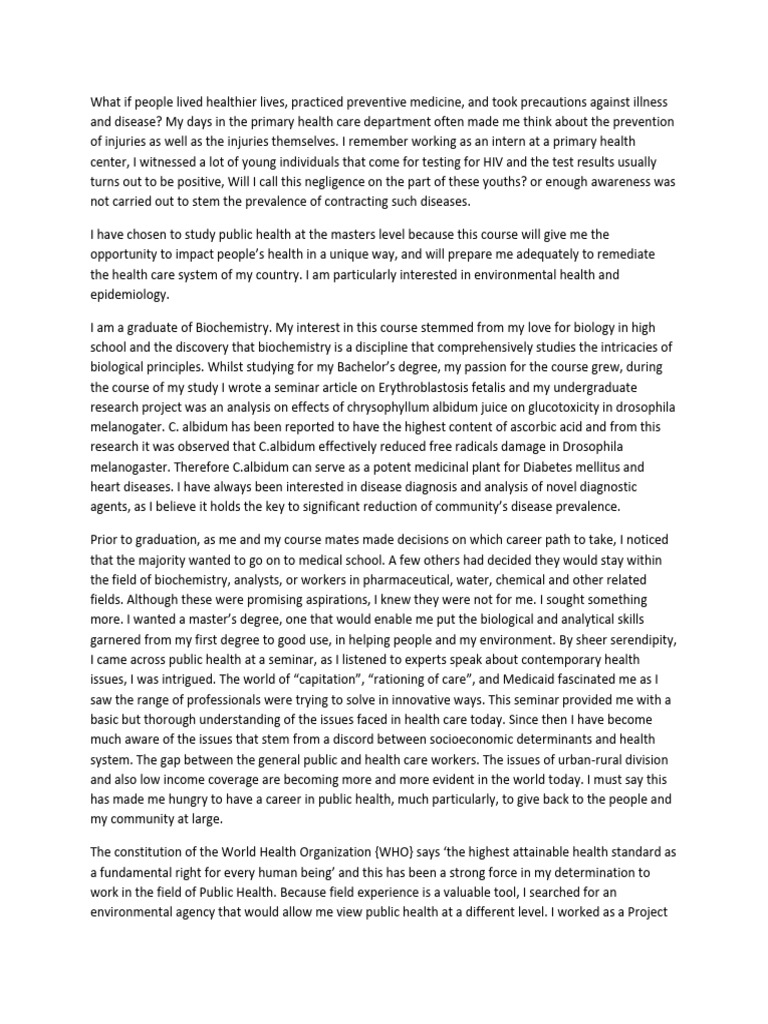 STATEMENT OF PURPOSE Temp | PDF | Public Health | Preventive Healthcare