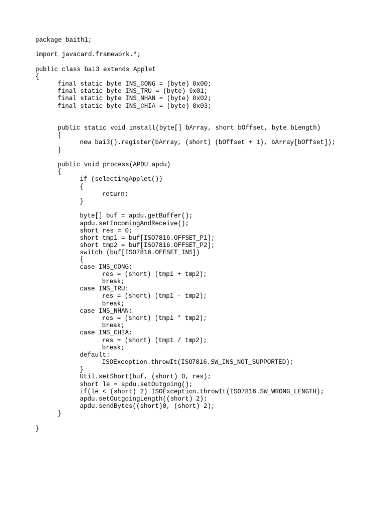 JavaCard Basic Arithmetic Applet | PDF