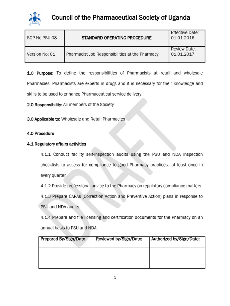 Pharmacist Job Responsibilities SOP | PDF | Pharmacy | Pharmacist