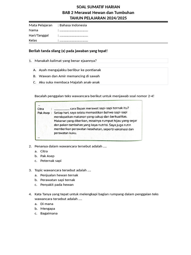 SOAL SUMATIF BI BAB 2 Kelas 3 | PDF