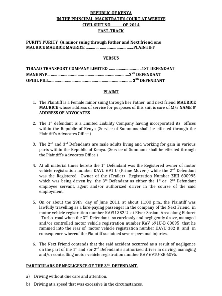 Plaint Suing As Next of Friend | PDF | Lawsuit | Negligence