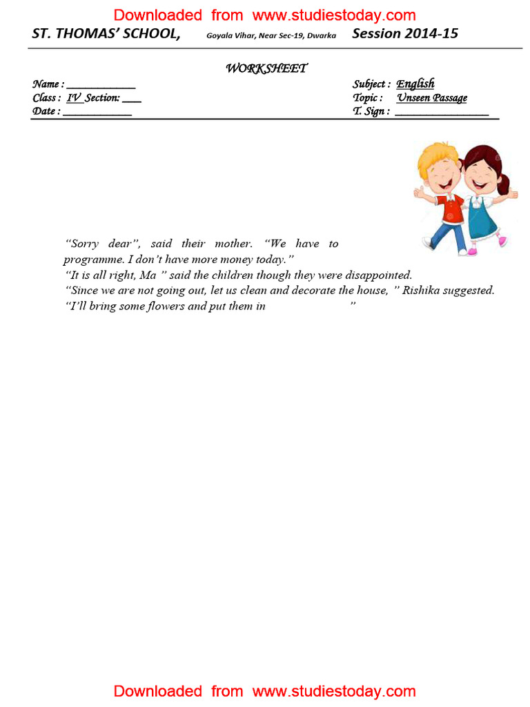 CBSE Class 4 English Revision Worksheet (113) - Unseen Passage | PDF
