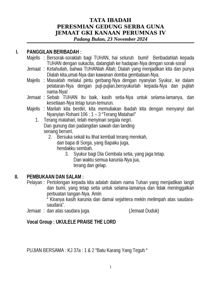 Tata Ibadah Peresmian GSG-OKOK | PDF