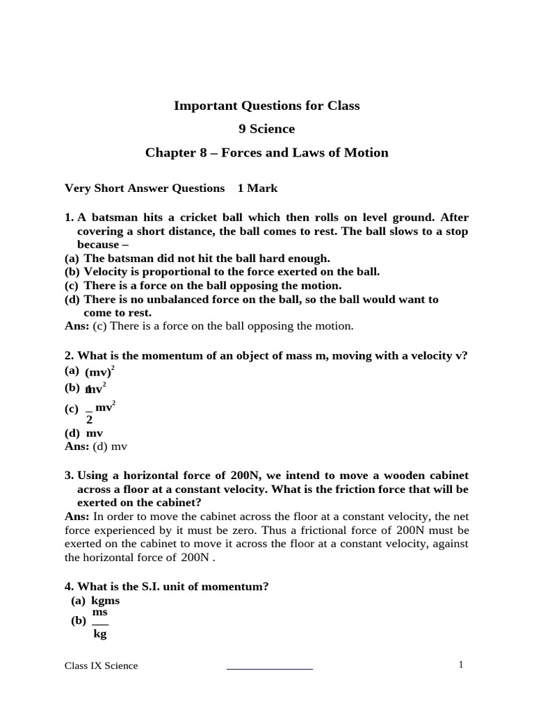 Force and Laws of Motion Important Questions 2024-25 | PDF | Force | Weight