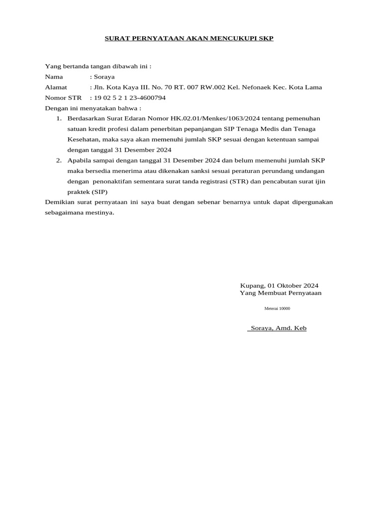 Surat Pernyataan Akan Mencukupi SKP-DR Shelvy SP - PD | PDF