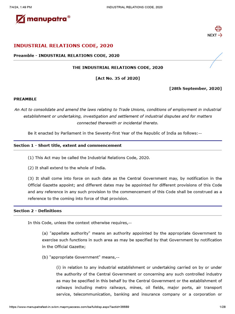 INDUSTRIAL RELATIONS CODE, 2020, Manupatra July 2024 | PDF | Employment | Wage