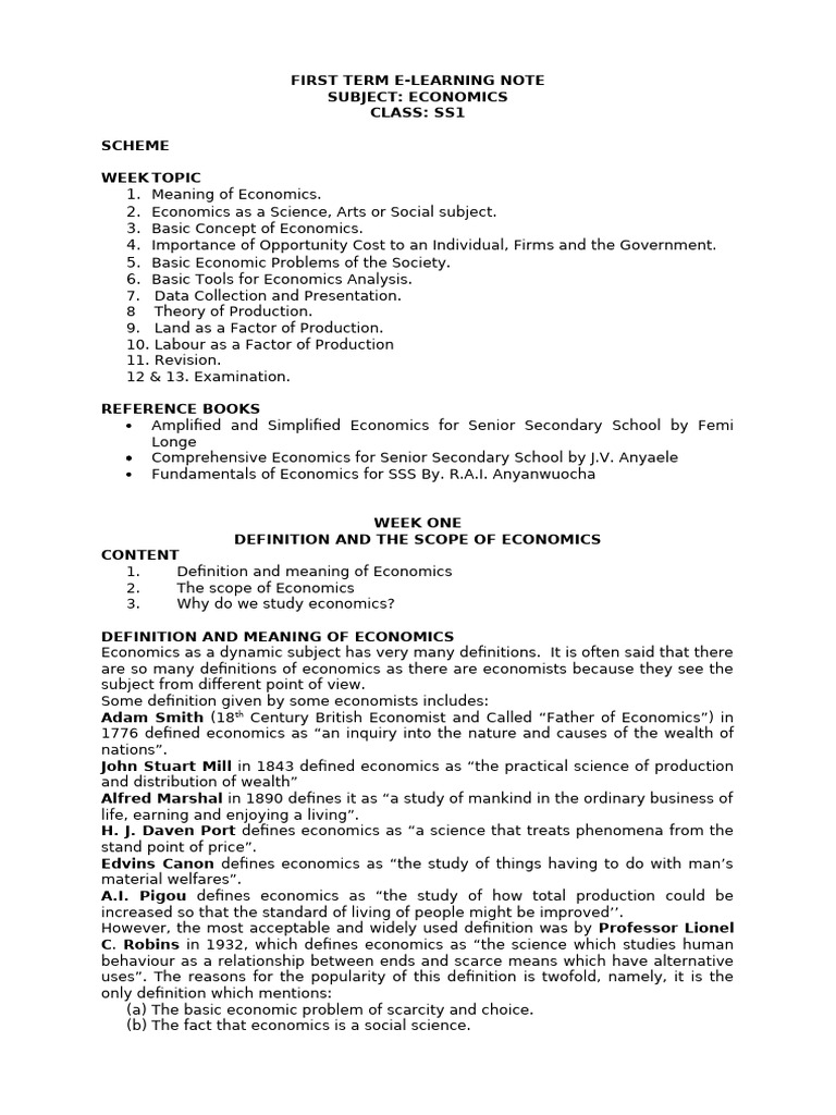 First Term SS1 Economics | PDF | Economics | Arithmetic Mean