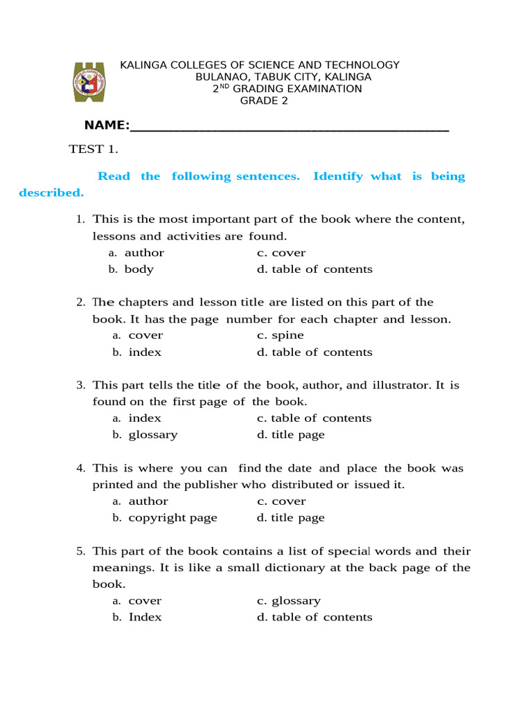 2ND Grading Examination of Grade 2 | PDF | Books
