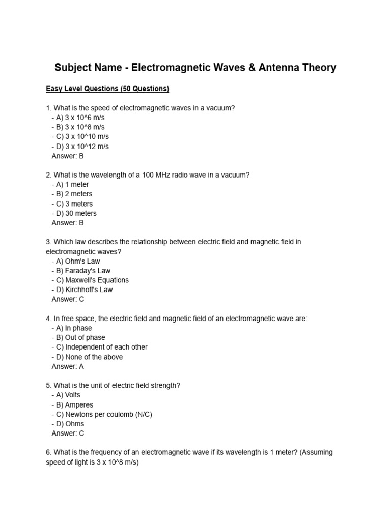 Electromagnetic Waves & Antenna Theory - 70 Questions | PDF | Antenna ...