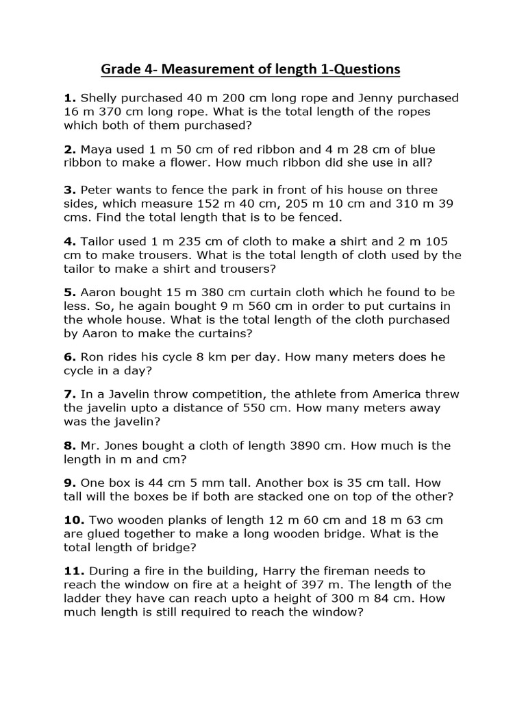 Grade 4 - Measurement of Length 1-Questions | PDF | Length