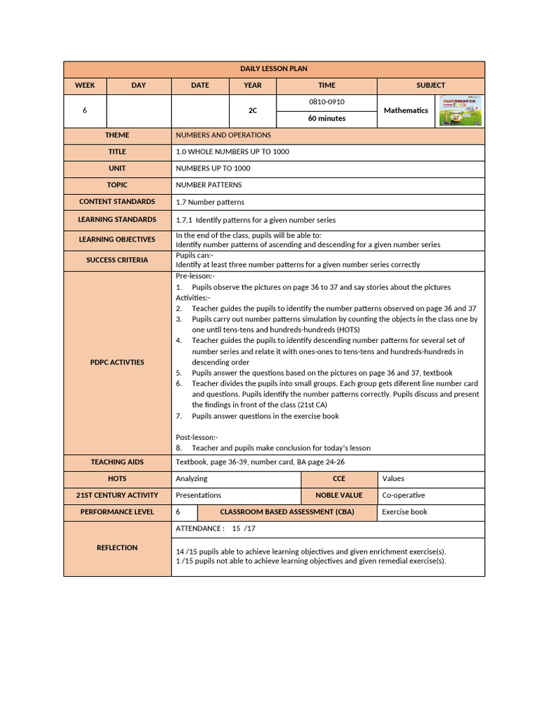 Daily Math Lesson Plan: Patterns & Operations | PDF | Teachers | Lesson ...